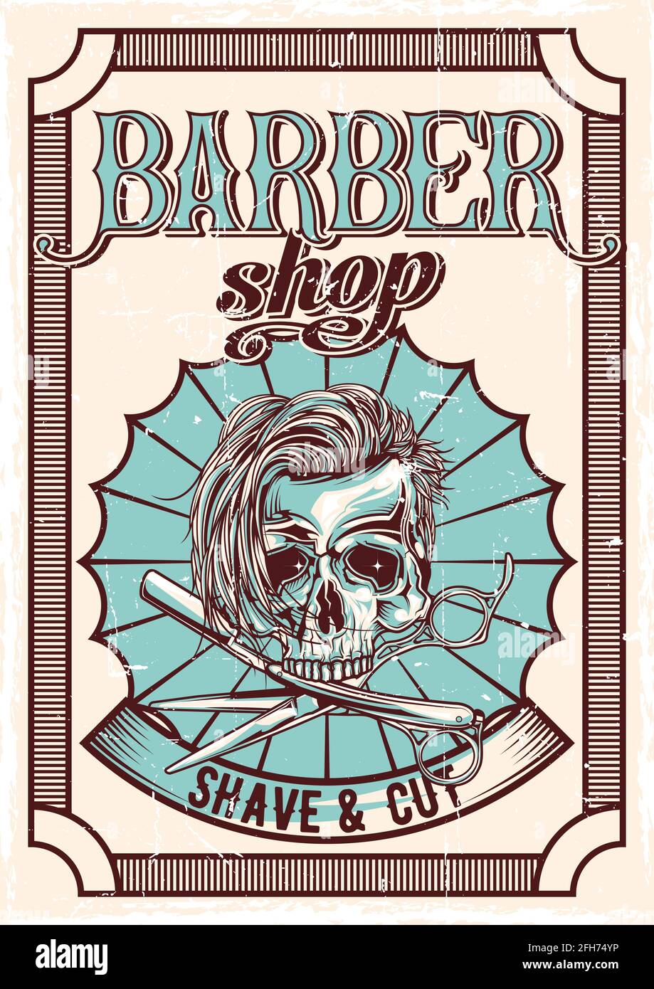 Barbershop theme vintage poster design with illustration of hairy skull ...