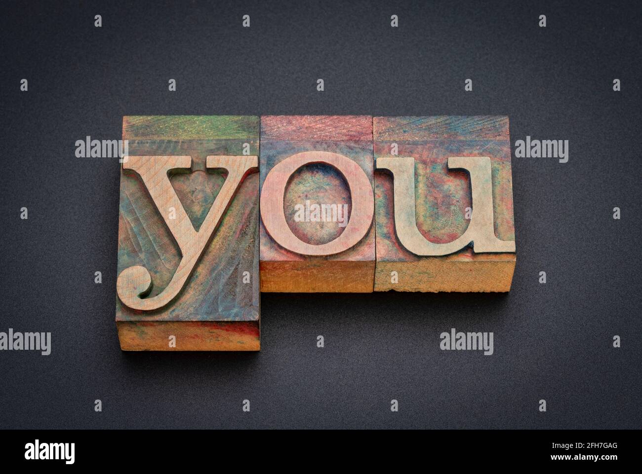 you - word abstract in vintage letterpress wood type against black ...