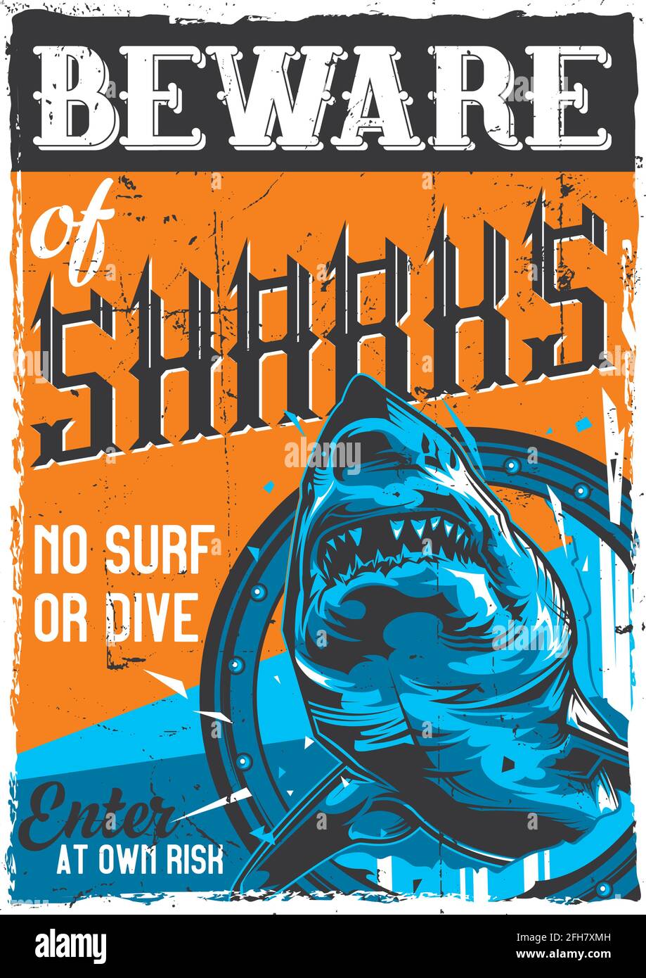 Nautical theme vintage poster design with illustration of angry shark ...