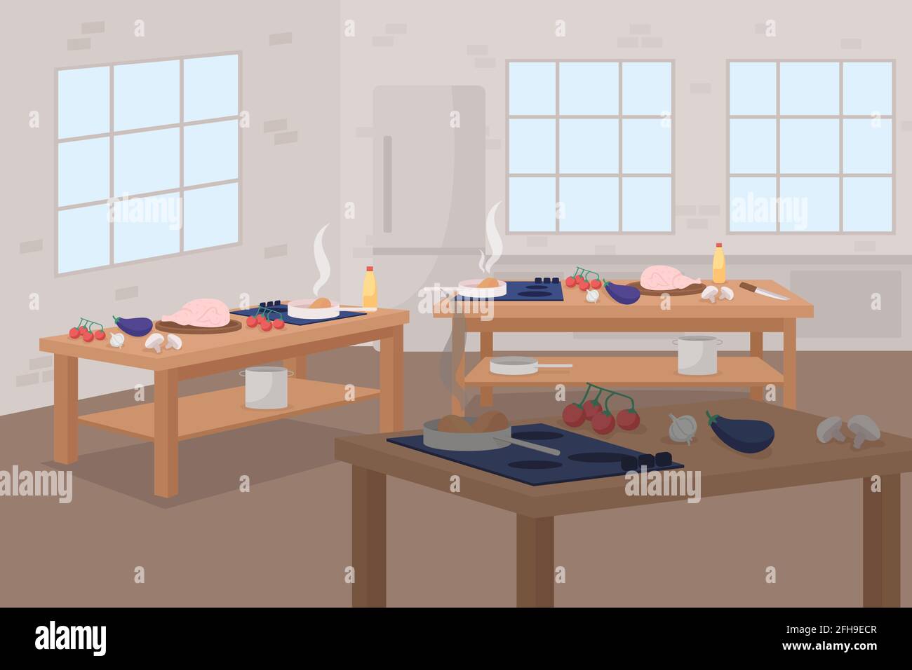 Culinary class flat color vector illustration. Tables with food for ...