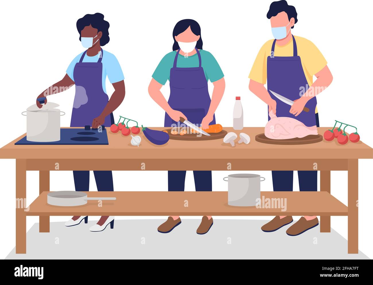 Man and women in face mask during cooking class flat color vector ...