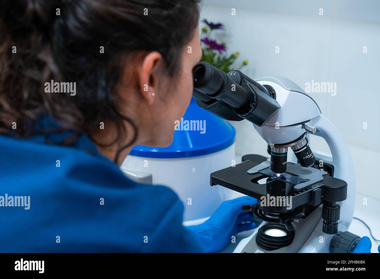 Back view of female vet in blue uniform looking through microscope ...
