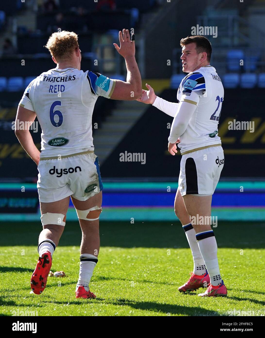 Bath's Ben Spencer (right) celebrates scoring his try during the ...