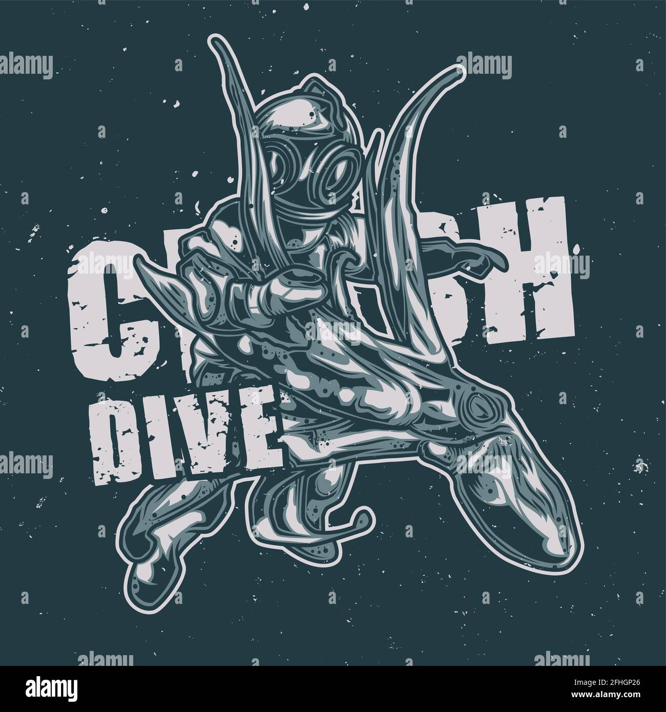 T-shirt or poster design with illustration of diver fighting with an ...