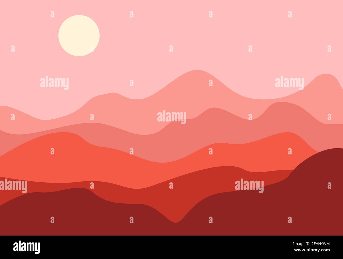 Horizontal landscape with fog, red mountains and red sunlight ...