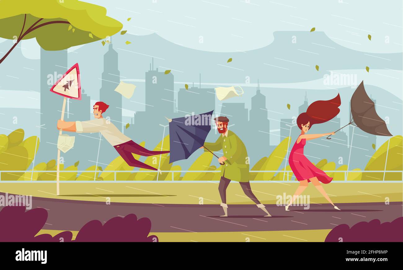 Bad weather in city funny flat composition with people blown off their ...