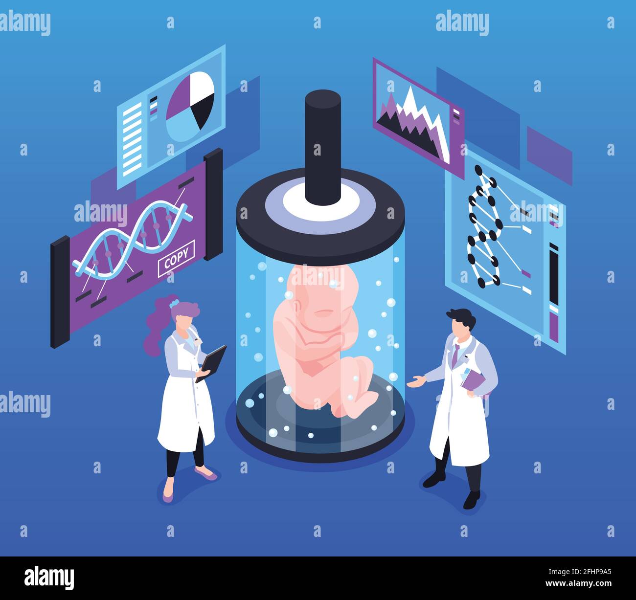 Human cloning isometric background with scientists embryo in medical glass capsule and ...