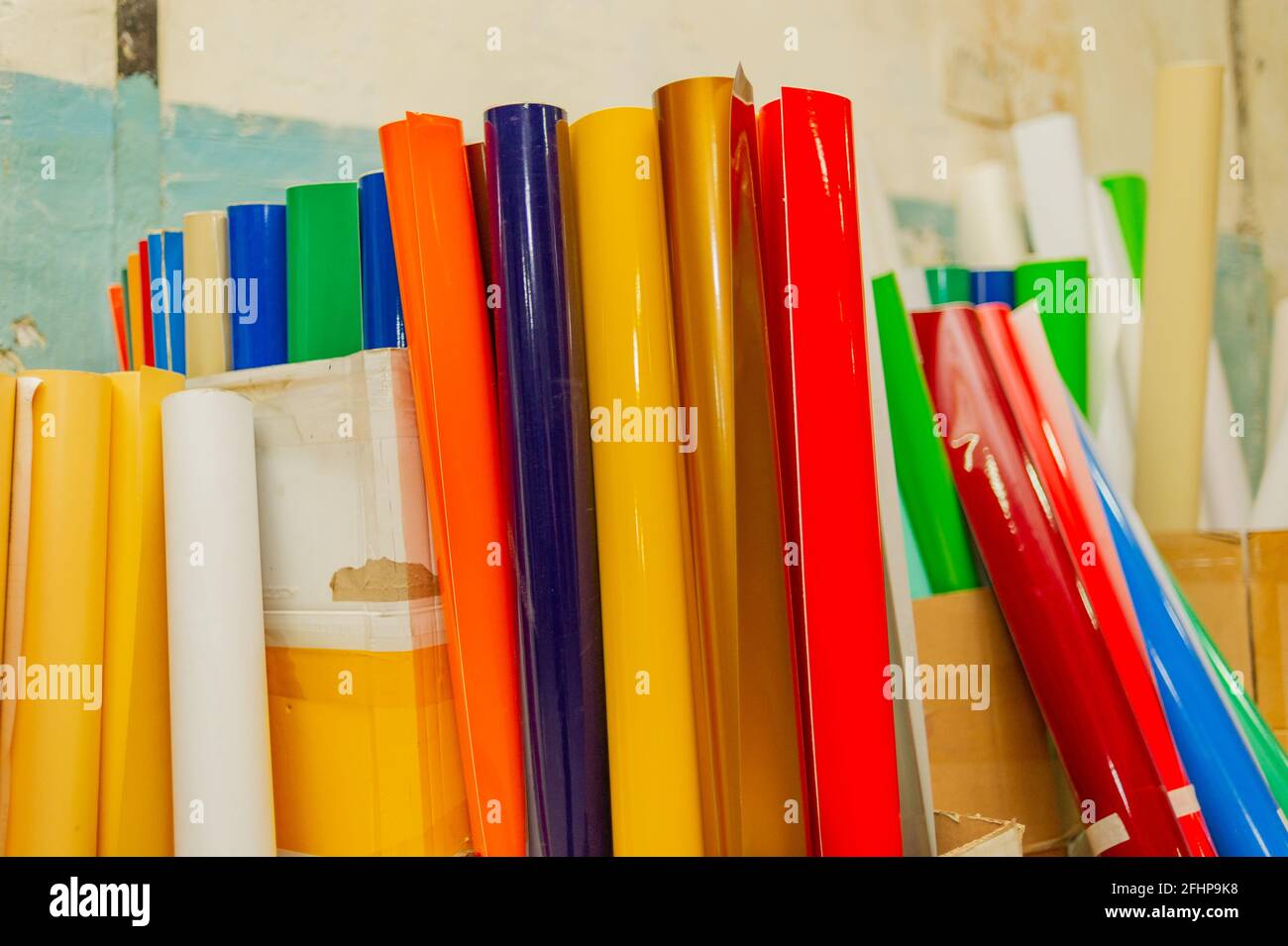 Row of various colored vinyl car wrapping or plotter cutting sticker ...