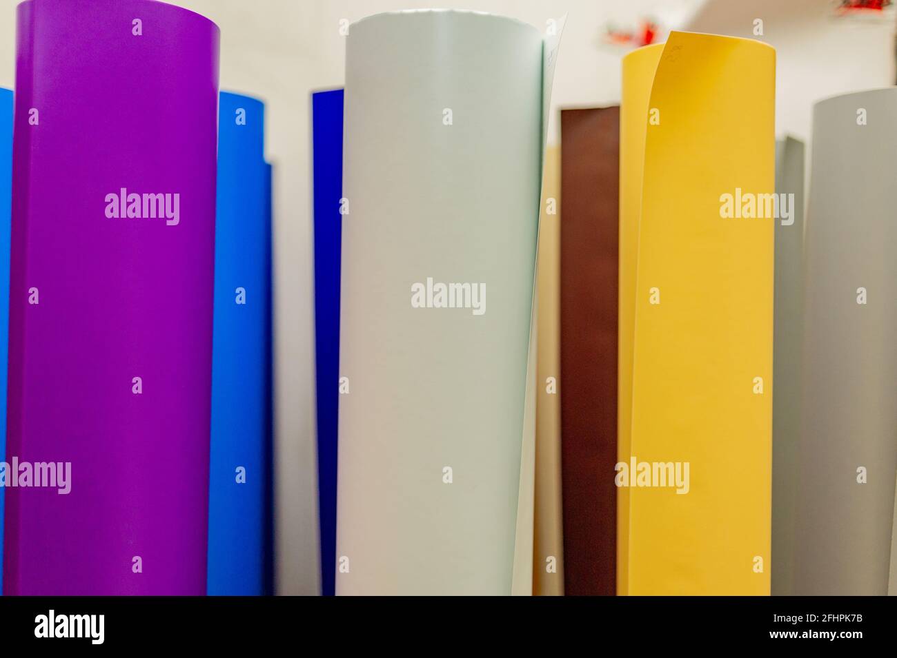 Row of various colored vinyl car wrapping or plotter cutting sticker ...