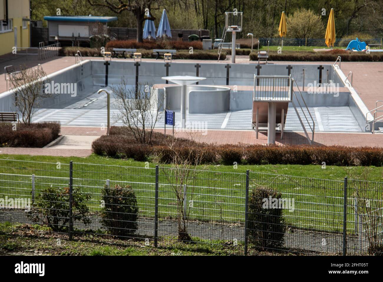 Swimming pool with basin and diving platform without water Stock Photo ...