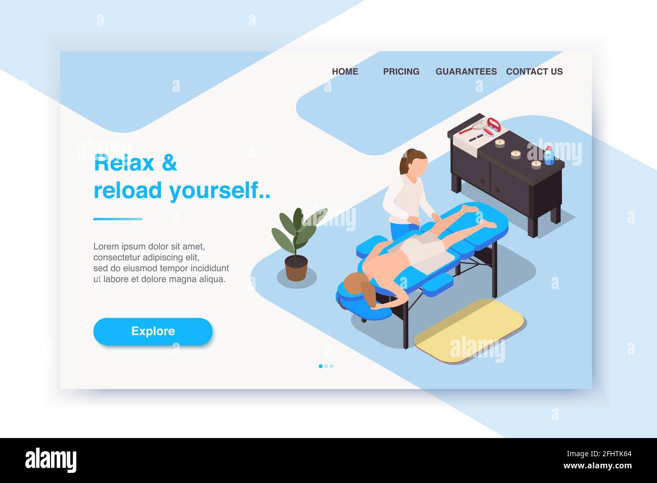 Massage therapy isometric landing page web site design with clickable ...