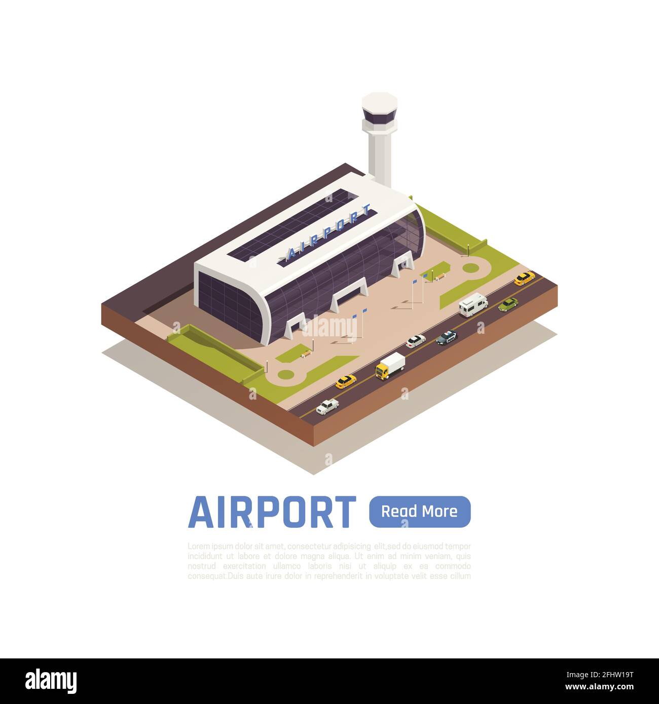 Airport isometric background with text read more button and round ...