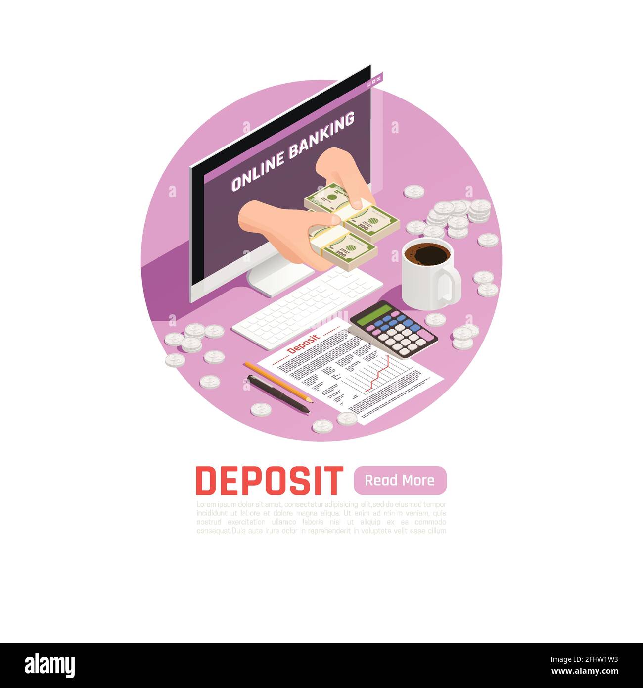 Wealth management isometric background with editable text and ...