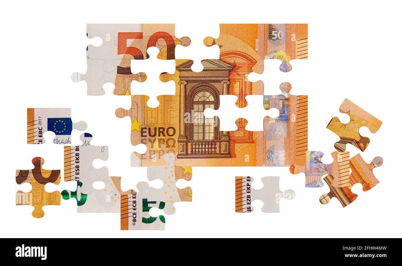 unfinished jigsaw puzzle from 50 Euro banknote, business, financial ...