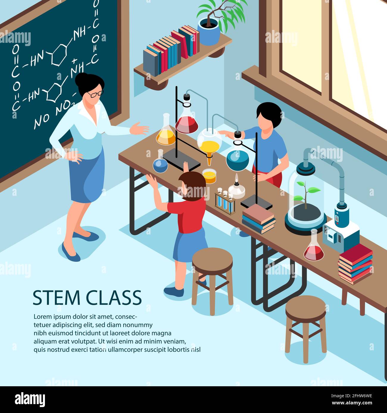 Isometric stem background with indoor composition of school classroom ...