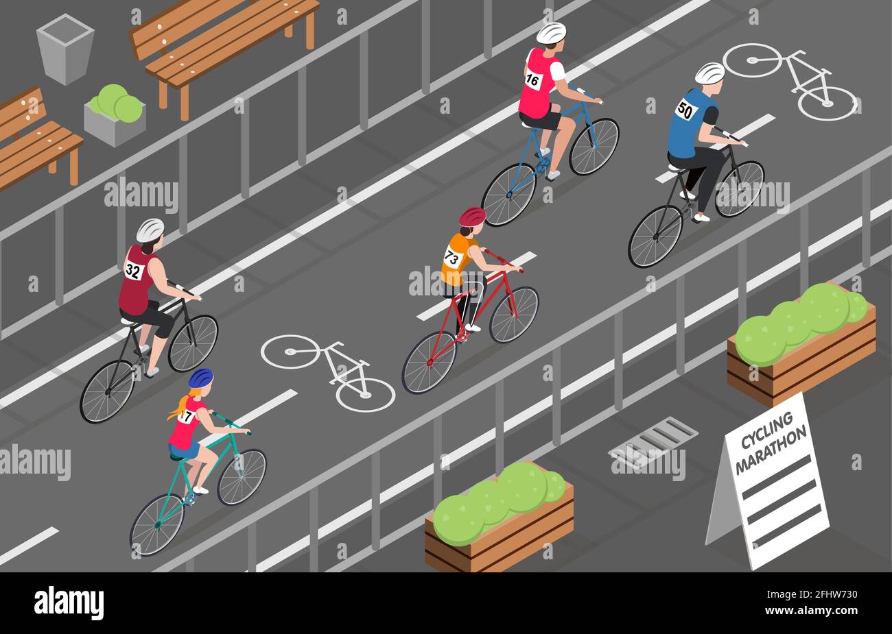 Cyclists participating in city bicycle marathon 3d isometric vector ...