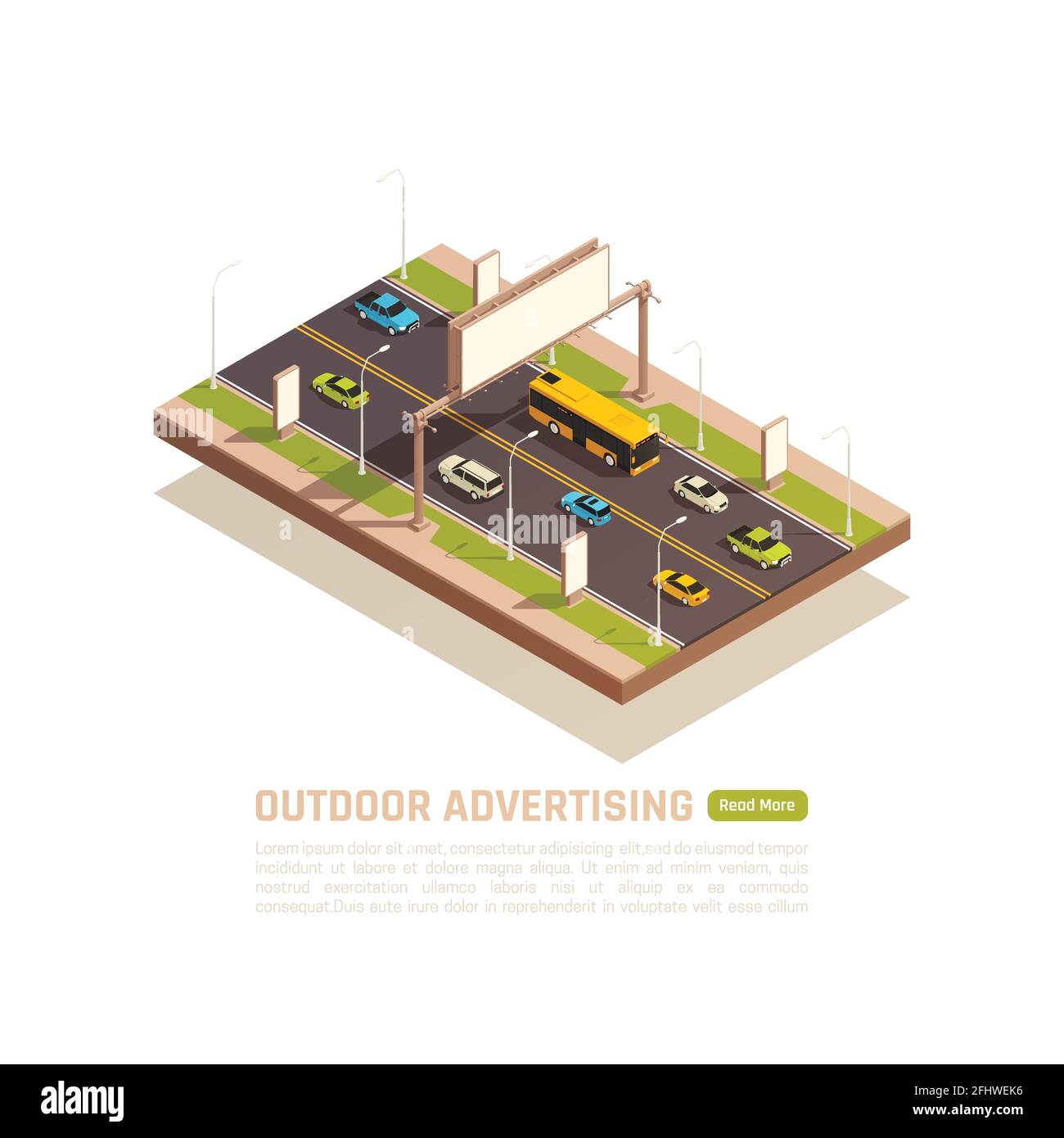 Outdoor advertisement isometric background with view of motorway with ...