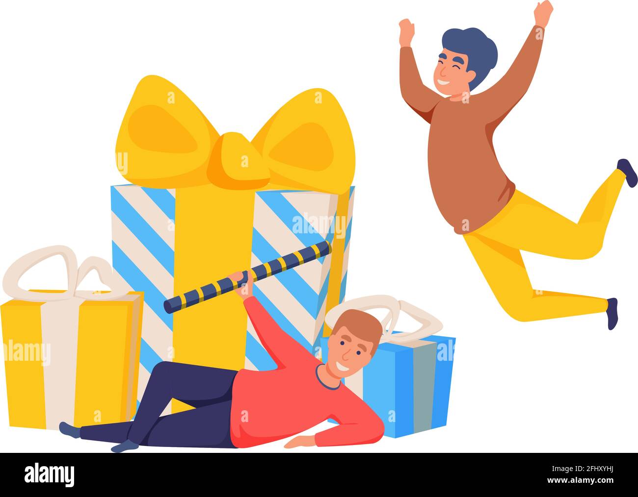 Two happy people and present boxes on white background flat isolated ...