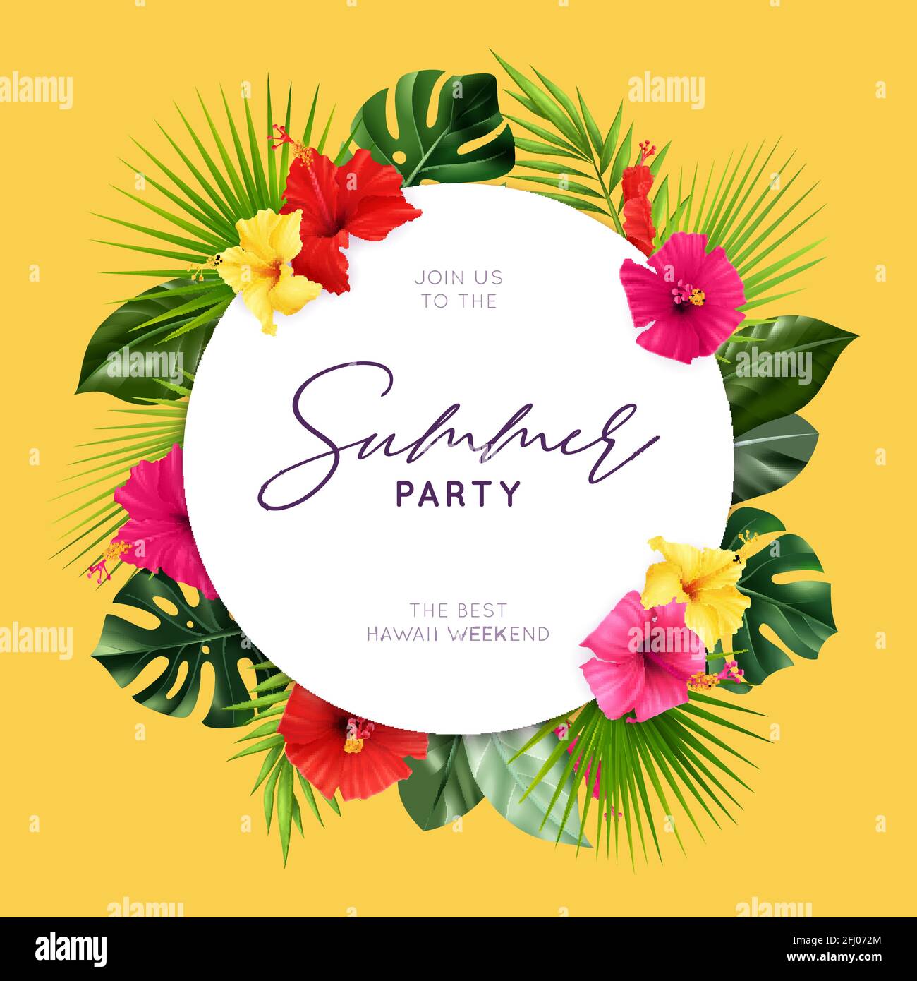 Realistic hibiscus composition of solid circle frame with editable text ...