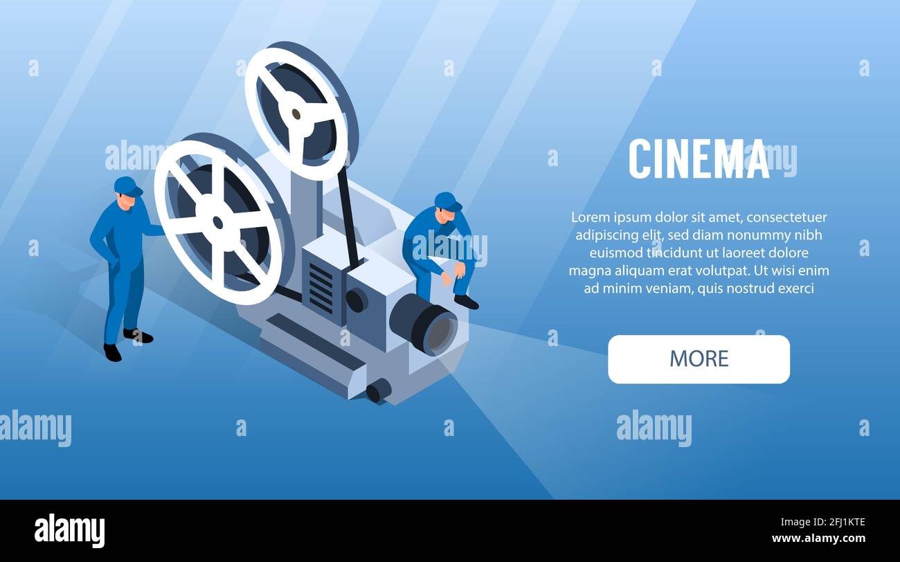 Isometric cinema horizontal banner with more button editable text and ...