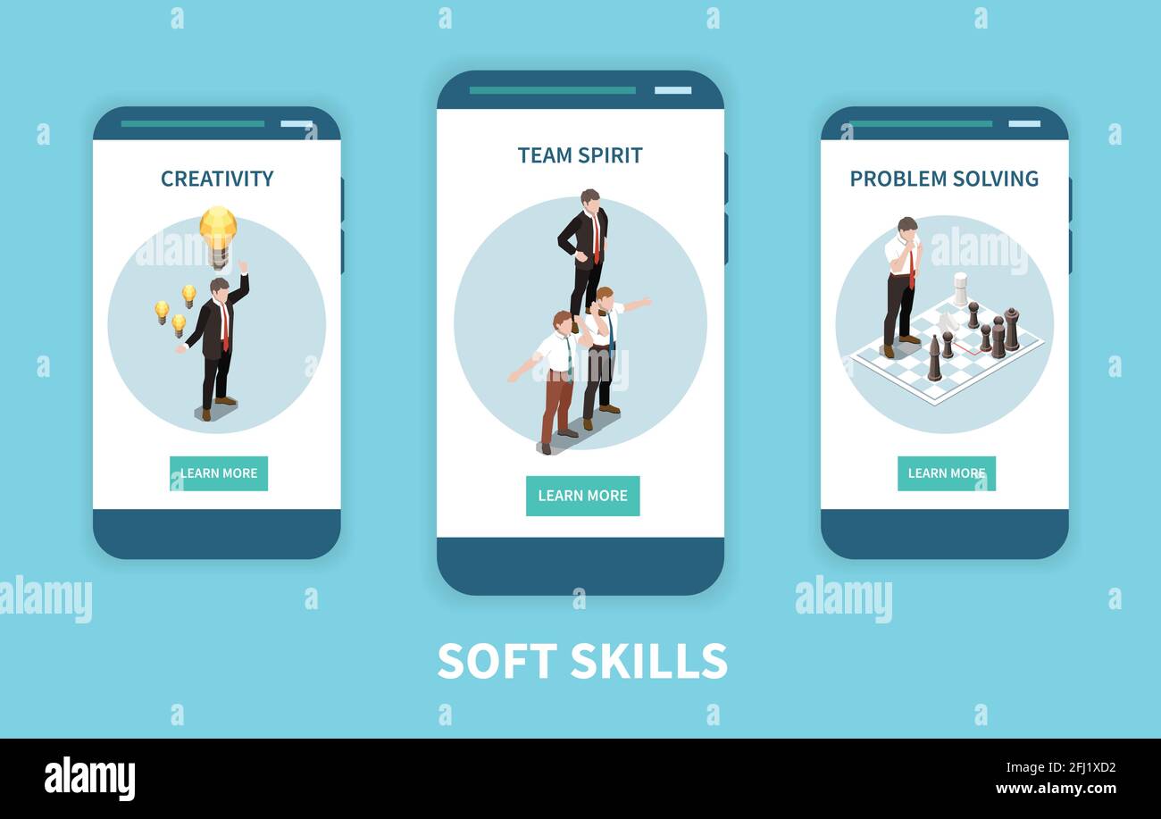 Three vertical soft skills isometric banner set with creativity team ...