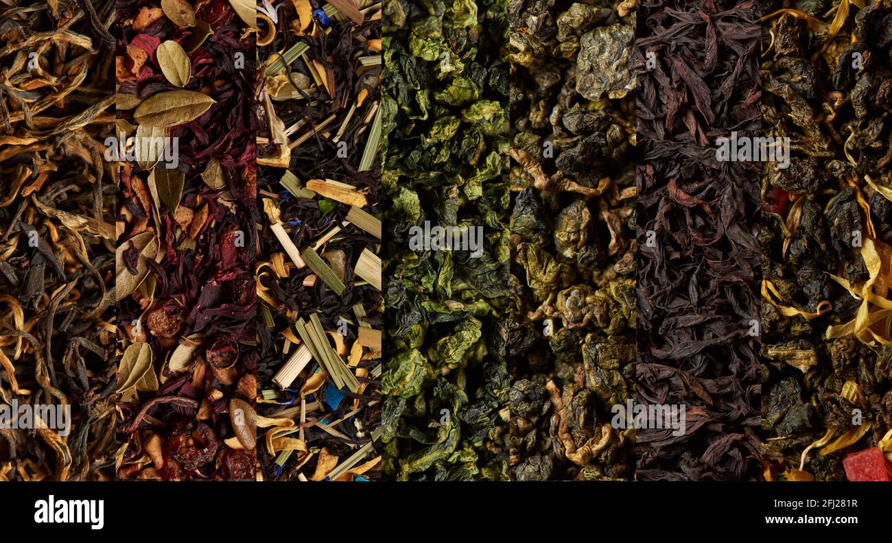 Collage background texture of quality tea leaves Stock Photo - Alamy