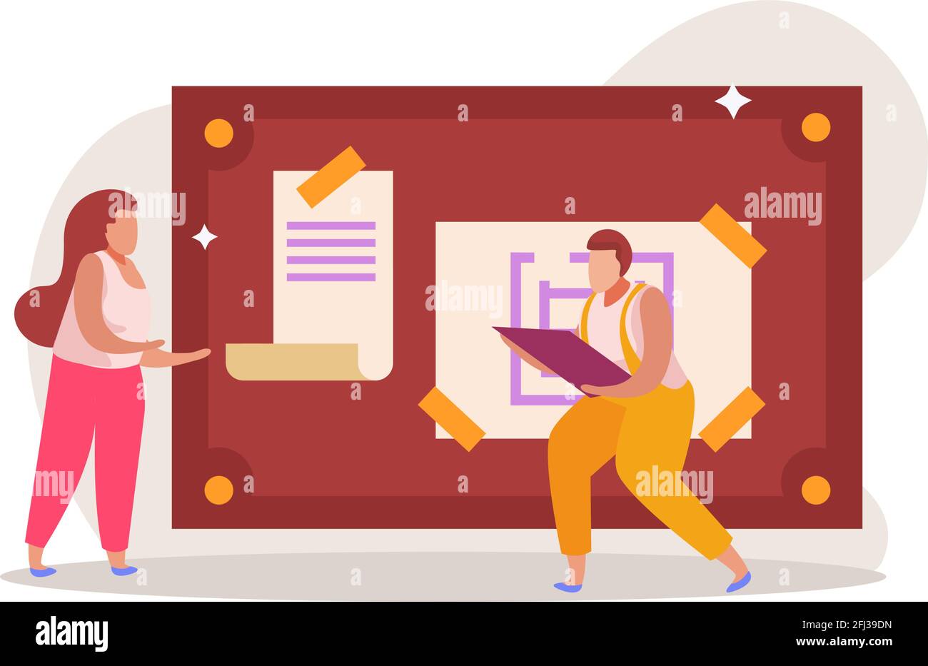 Quest game flat composition with doodle human characters gaming symbols ...