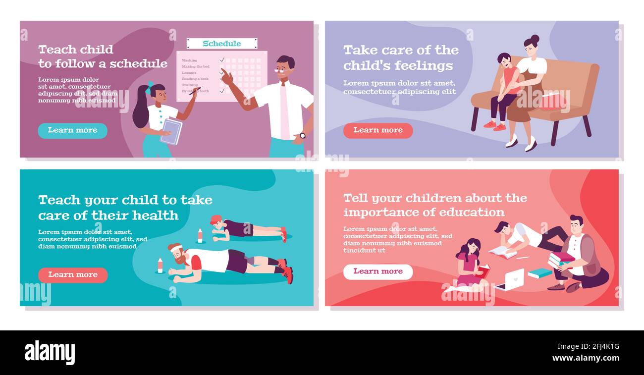 Parenting flat banners set with adult taking care in health feeling ...