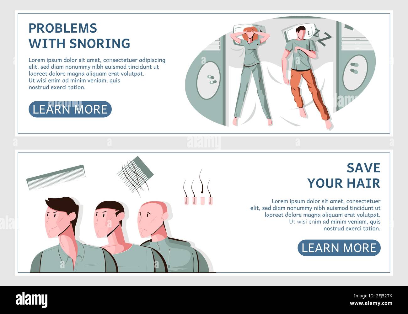 Men problem set of two horizontal banners with flat images and learn ...