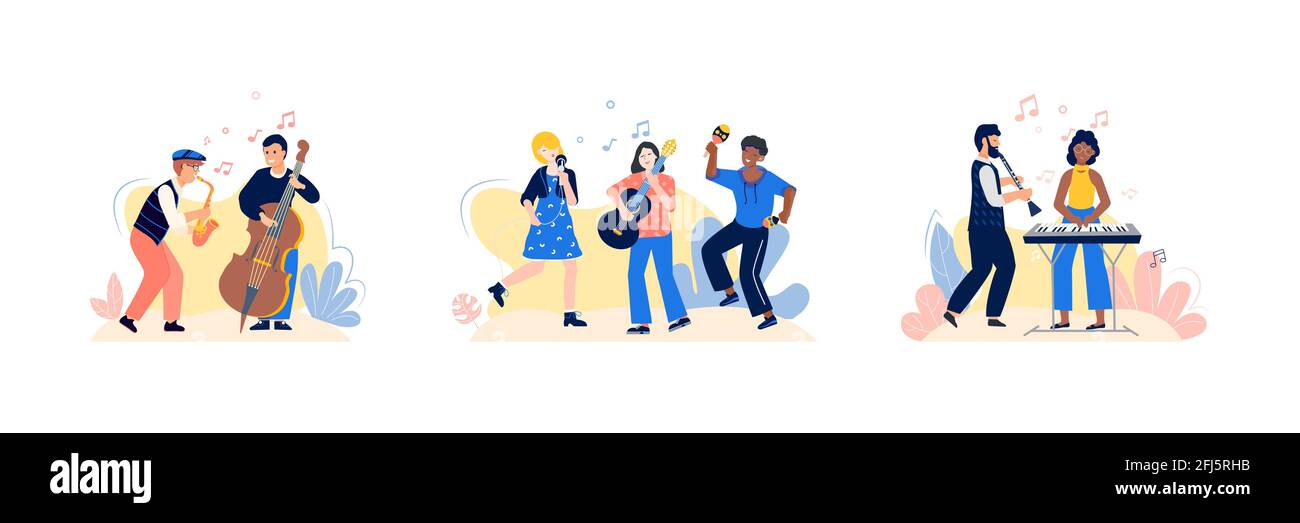 Music people compositions set with flat human characters of musicians ...