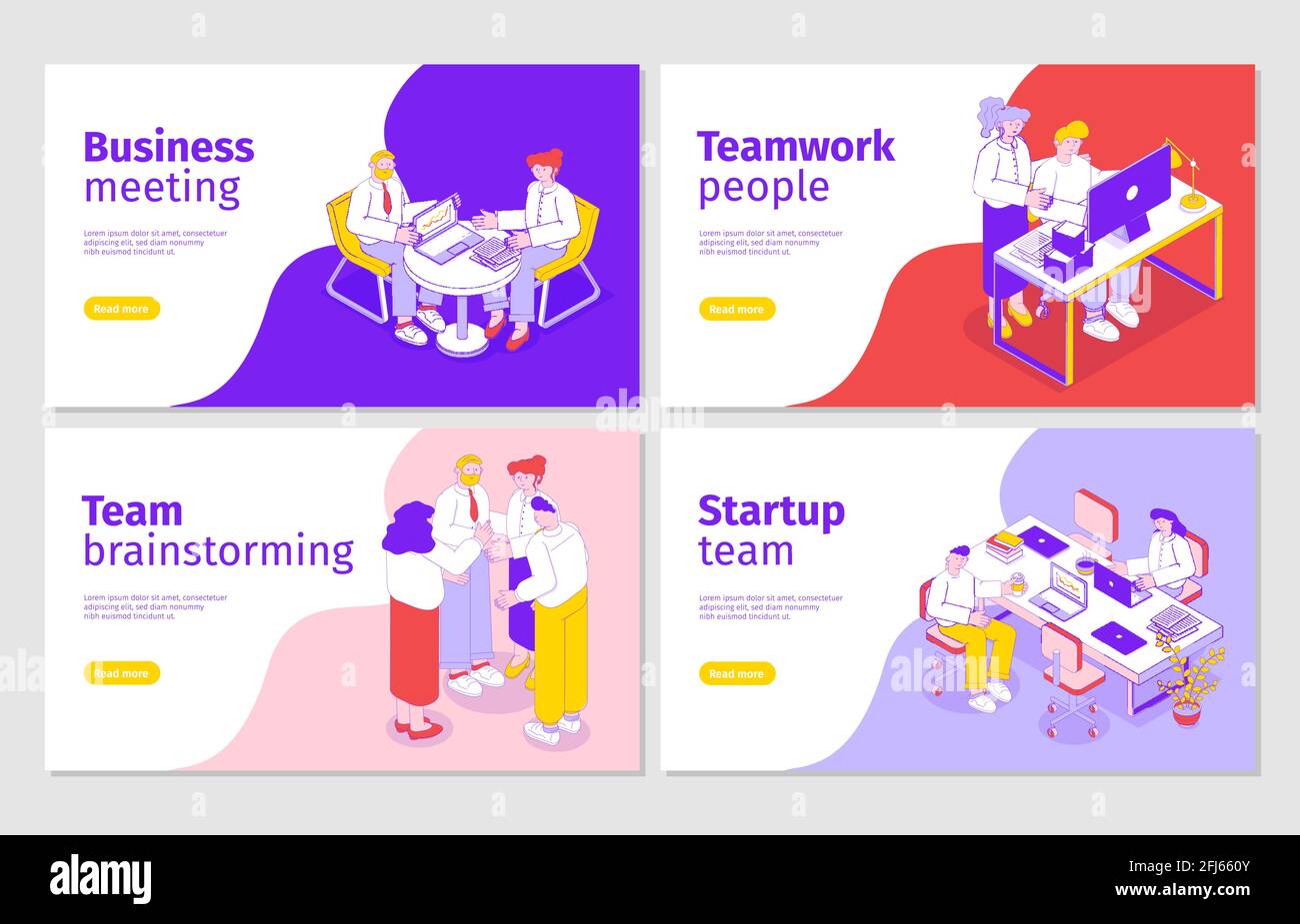Business people 4 isometric web banners with startup team meeting ...