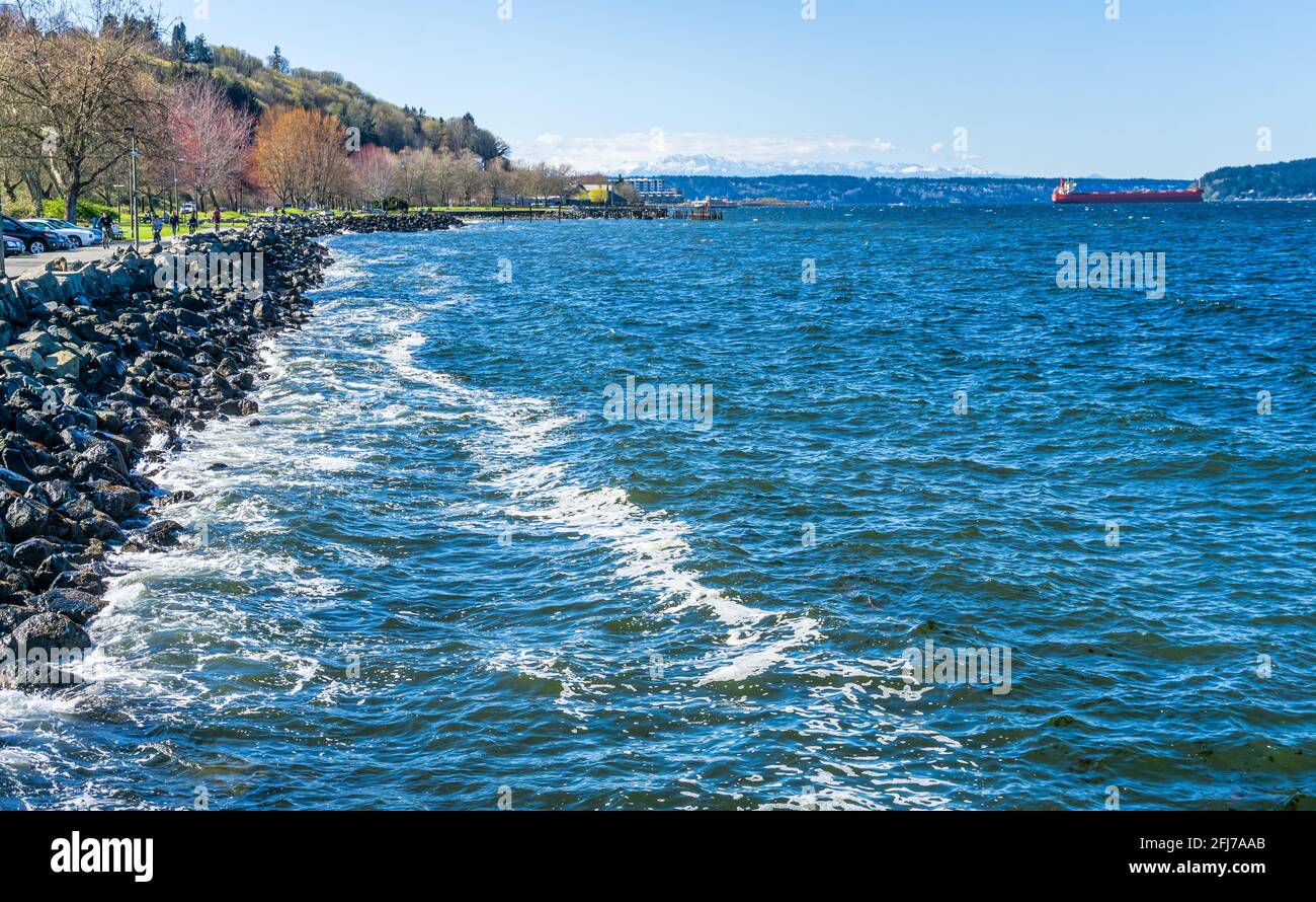 A view of the waterfront in Ruston, Washington with the Oympic ...