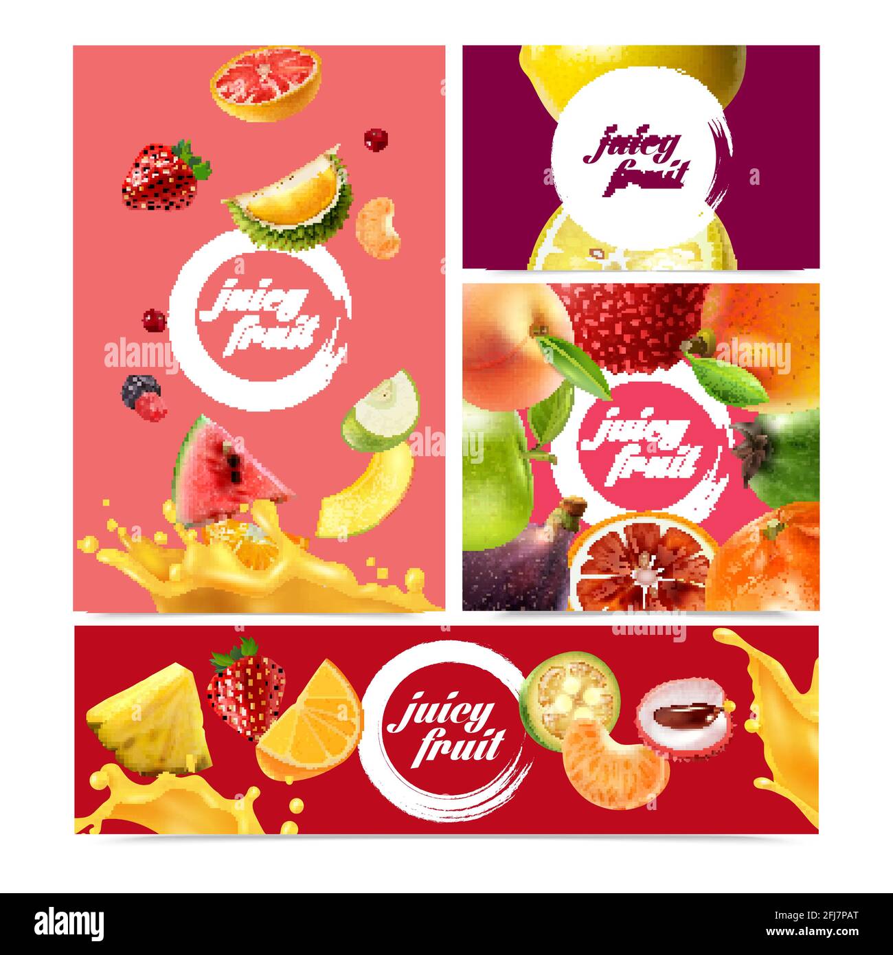 Four realistic fruits banner set round logo with the title in the ...