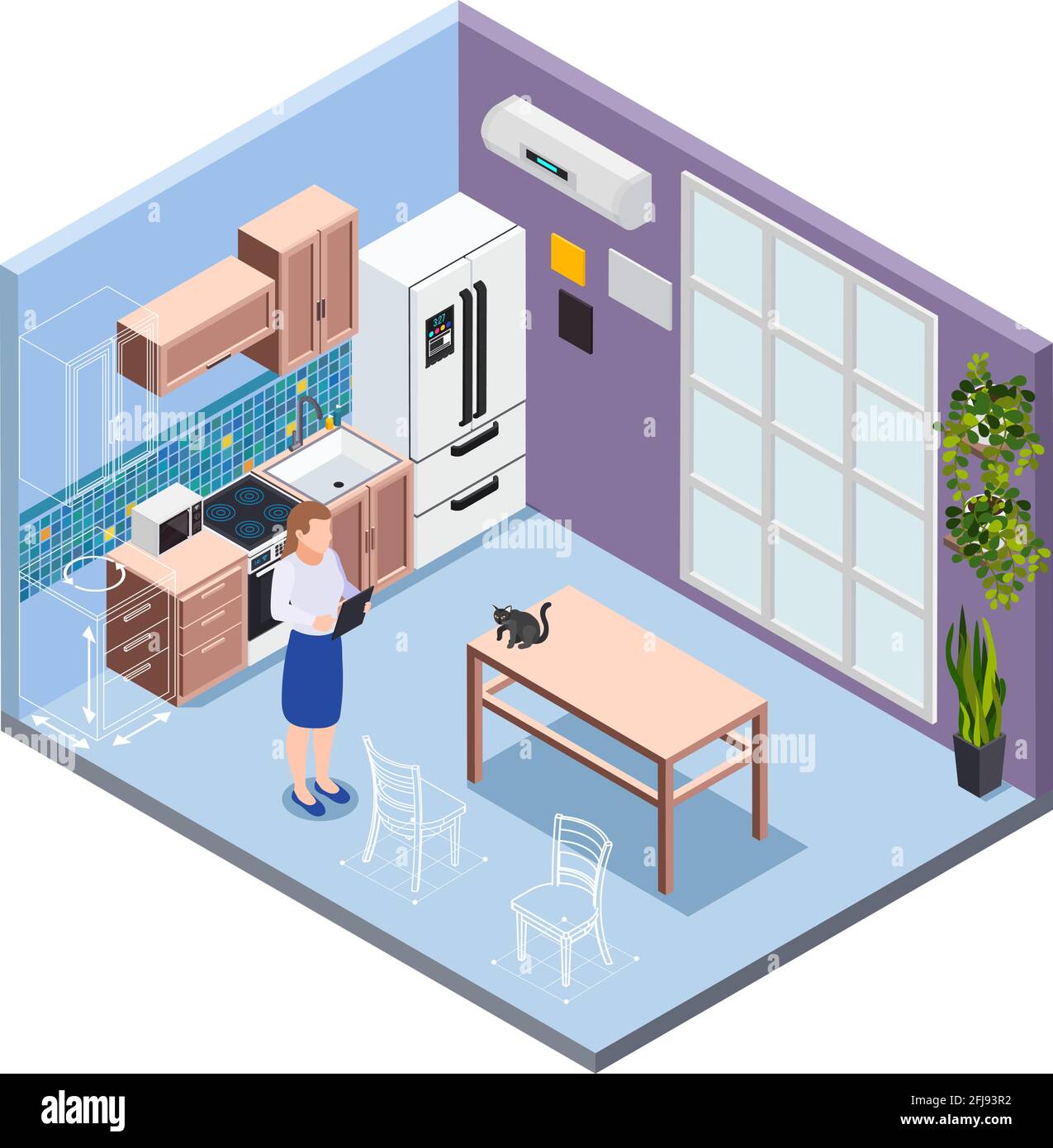 Professional designer working in modern kitchen interior with furniture ...