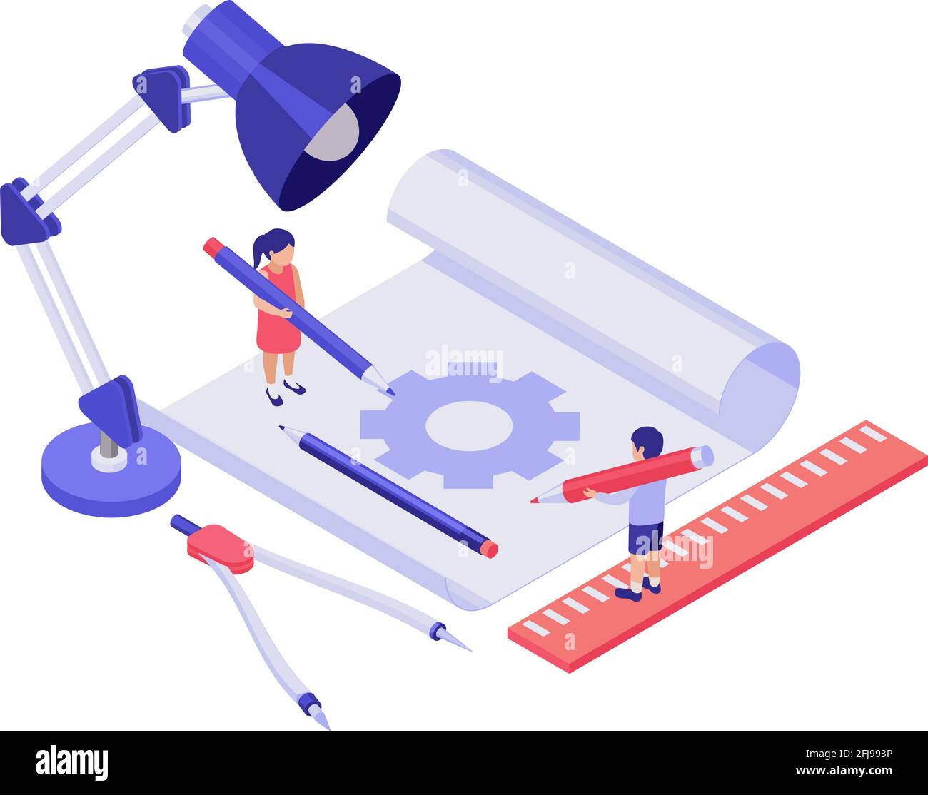 Education concept with 3d characters of pupils and stationery isometric ...