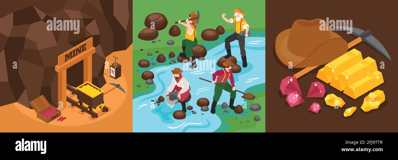 Isometric gold mining design concept with square compositions of mine ...