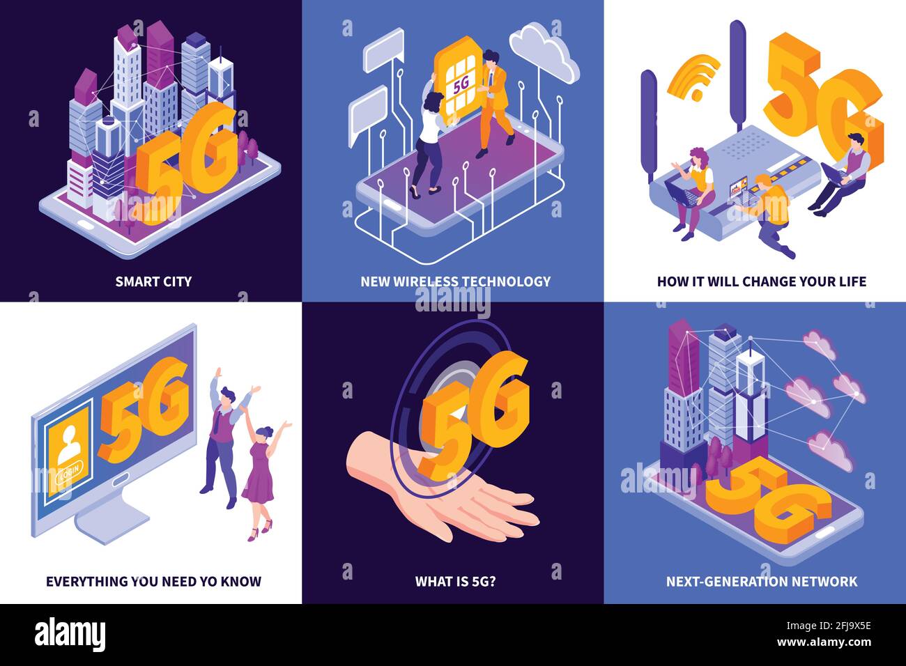 Isometric 5g internet design concept with square compositions of gadget ...
