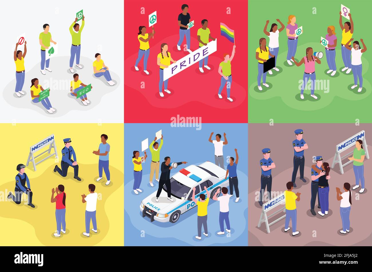 Public protest demonstration isometric design concept with human ...
