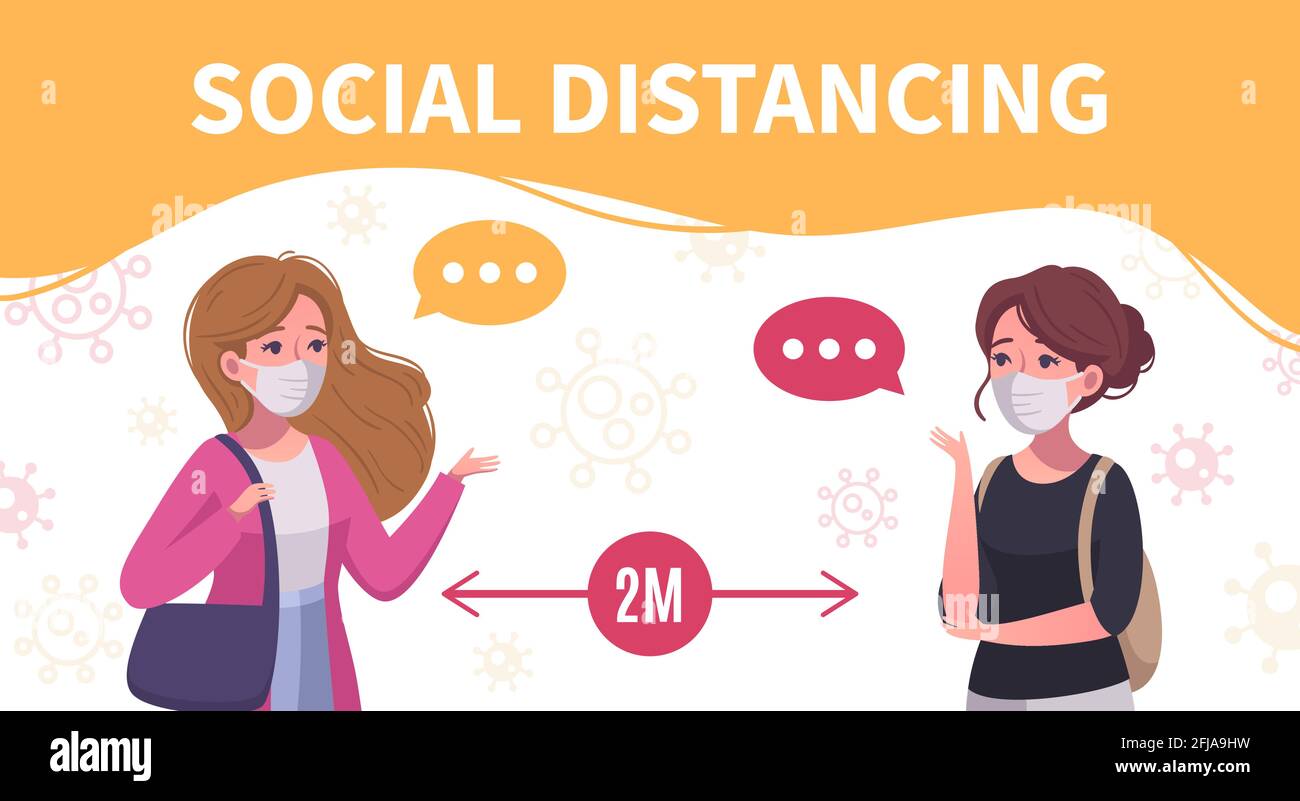 Social distancing cartoon infographic poster with two women ...