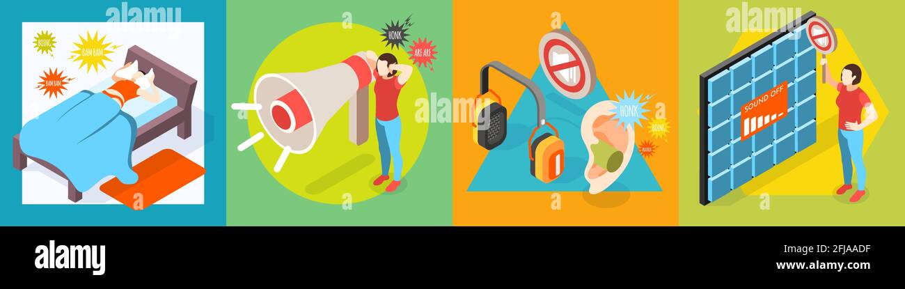 Noise pollution isometric design concept with solid background and icons of loud noises with ...