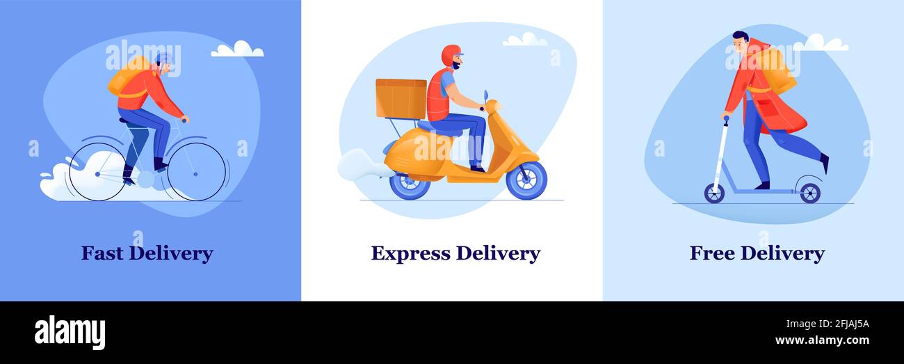 Fast and free delivery service flat design concept with men delivering ...
