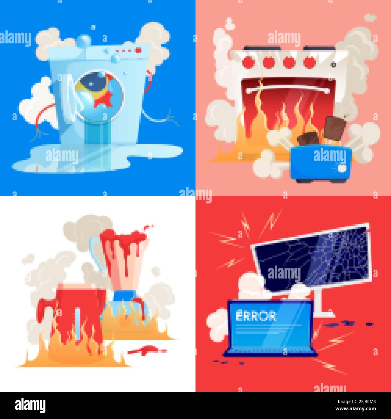 Broken household appliances gadgets flat icon set with broken washing machine toaster pc fire ...