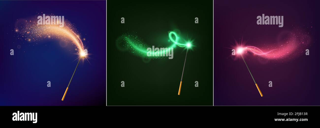 Magic wand realistic design concept consisting of three multicolored ...