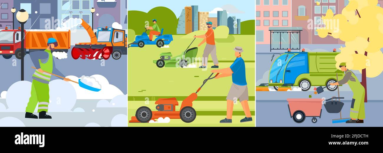 Street cleaning set of three square compositions with flat city ...