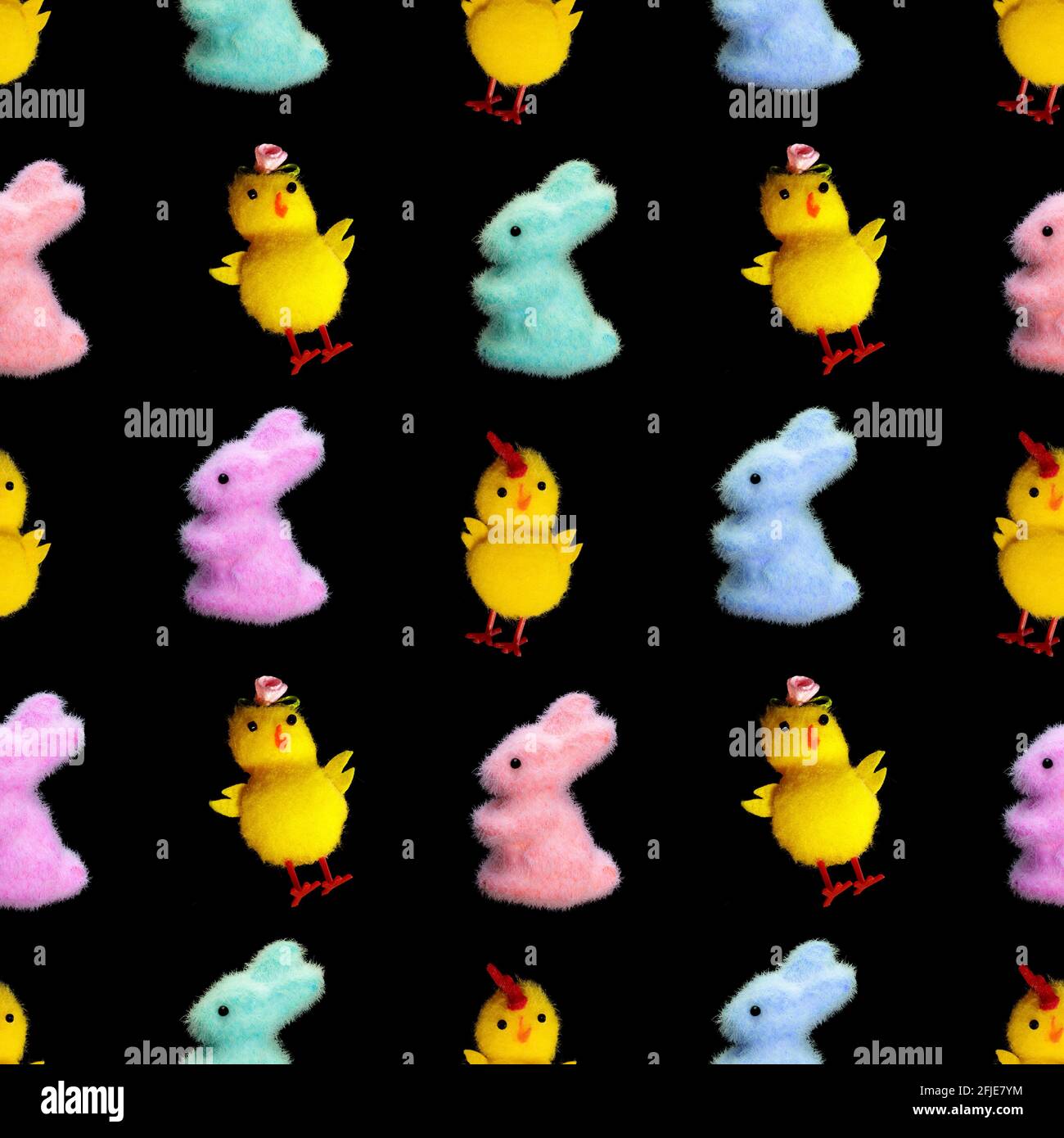 seamless pattern. rabbits with chickens isolated on a black background ...