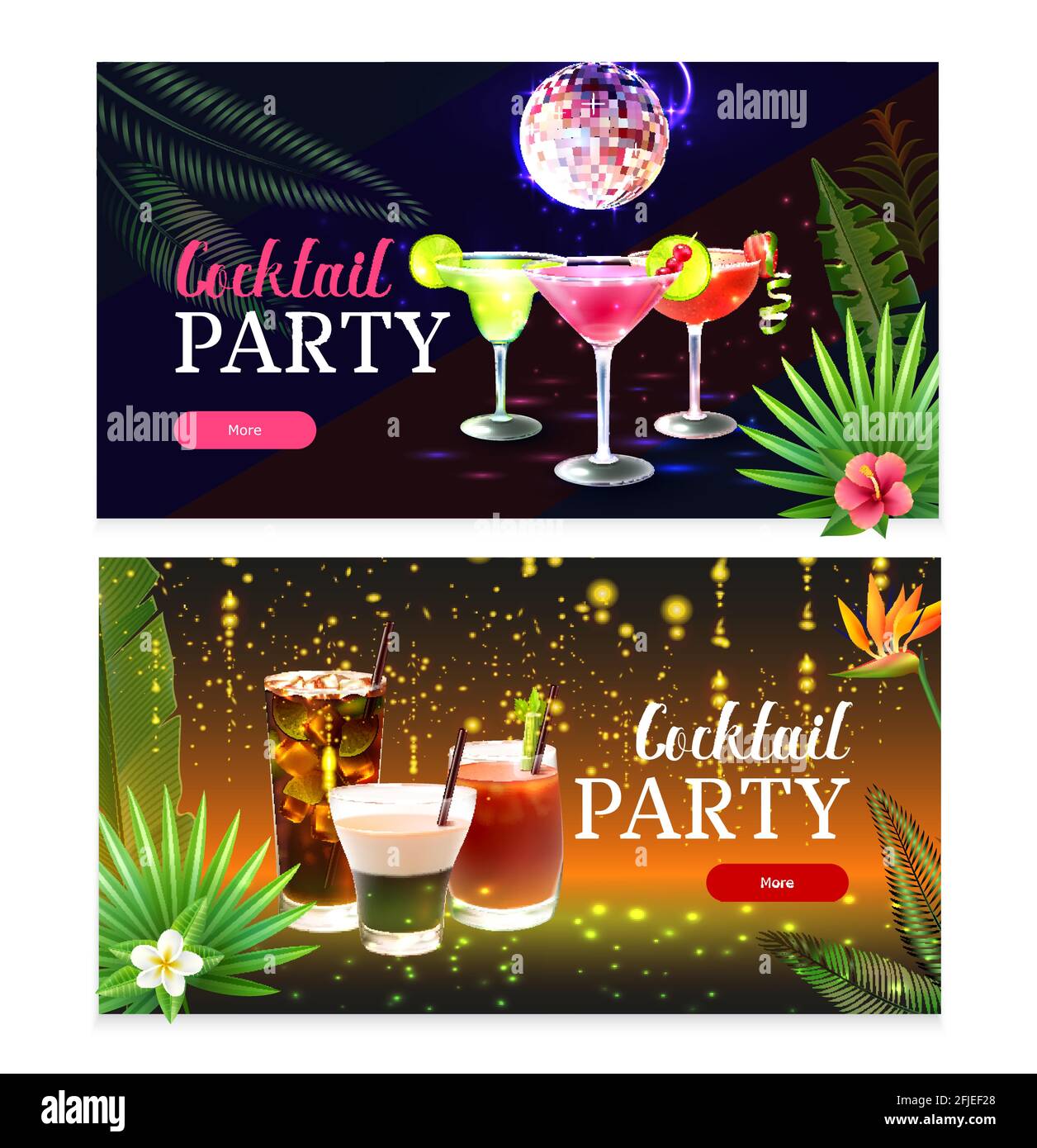 Set of two horizontal party cocktail banners with glasses of drinks and ...