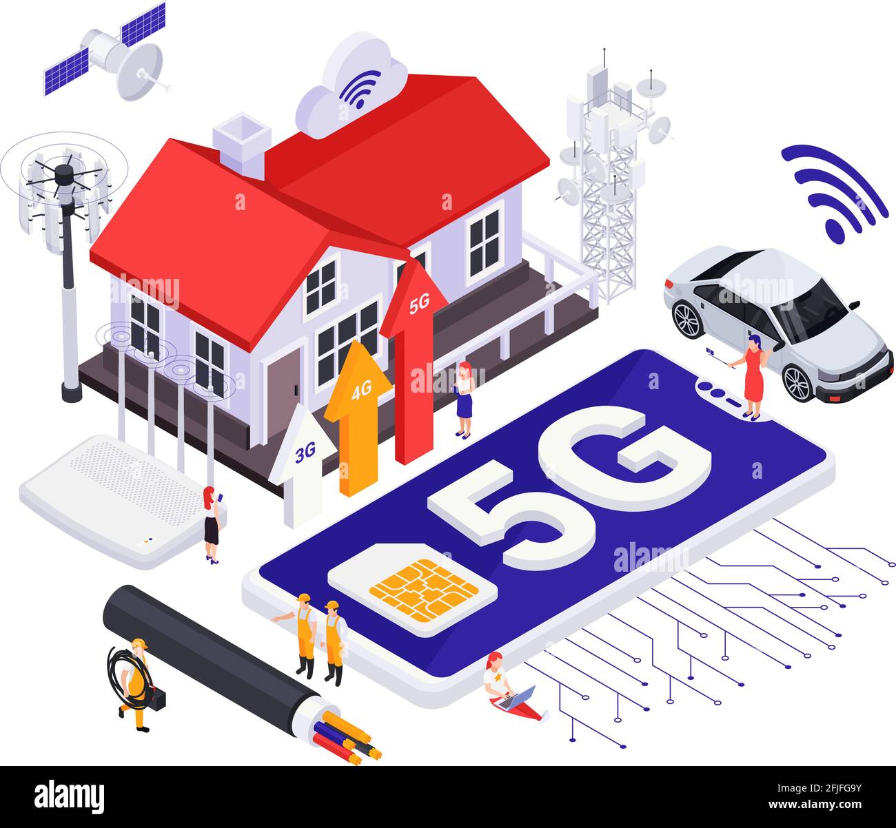 High speed modern internet 5G technology isometric concept with ...