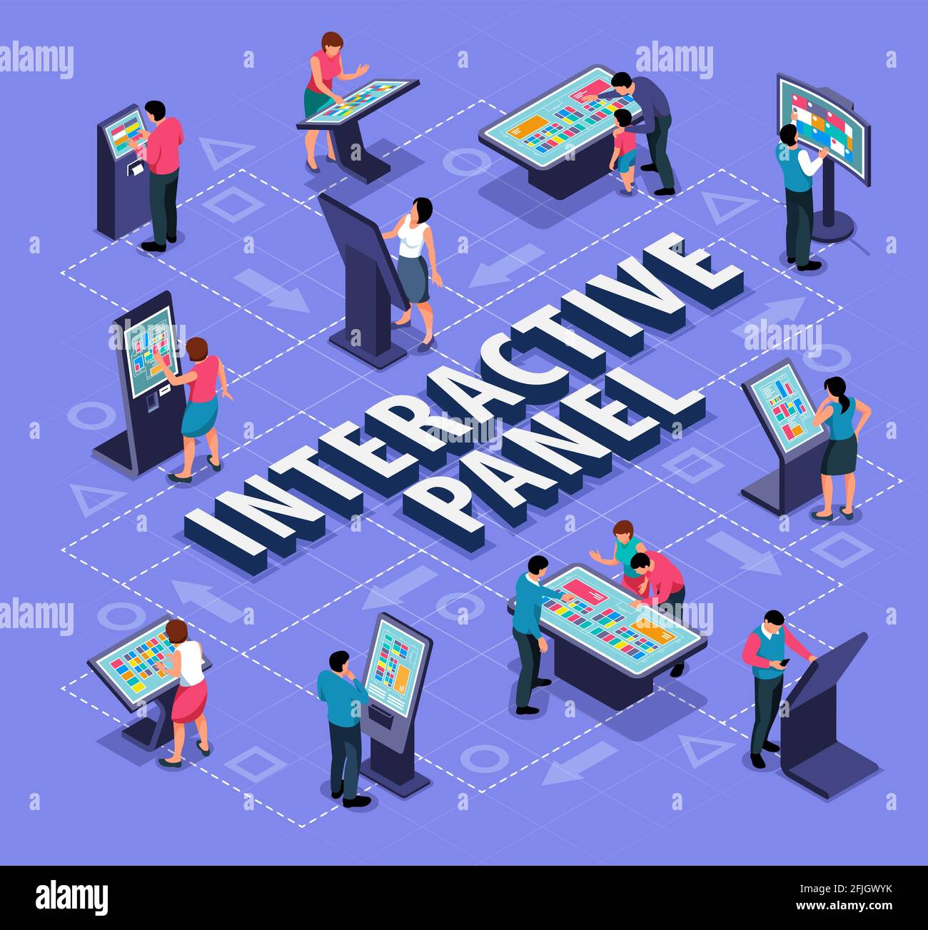 Isometric flowchart with people using interactive touch screen panel in ...