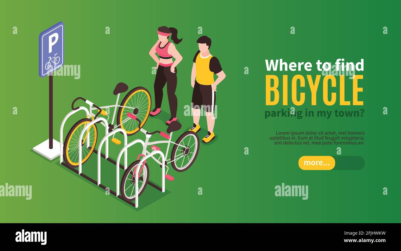 Isometric bicycle horizontal banner with parking rack characters of ...