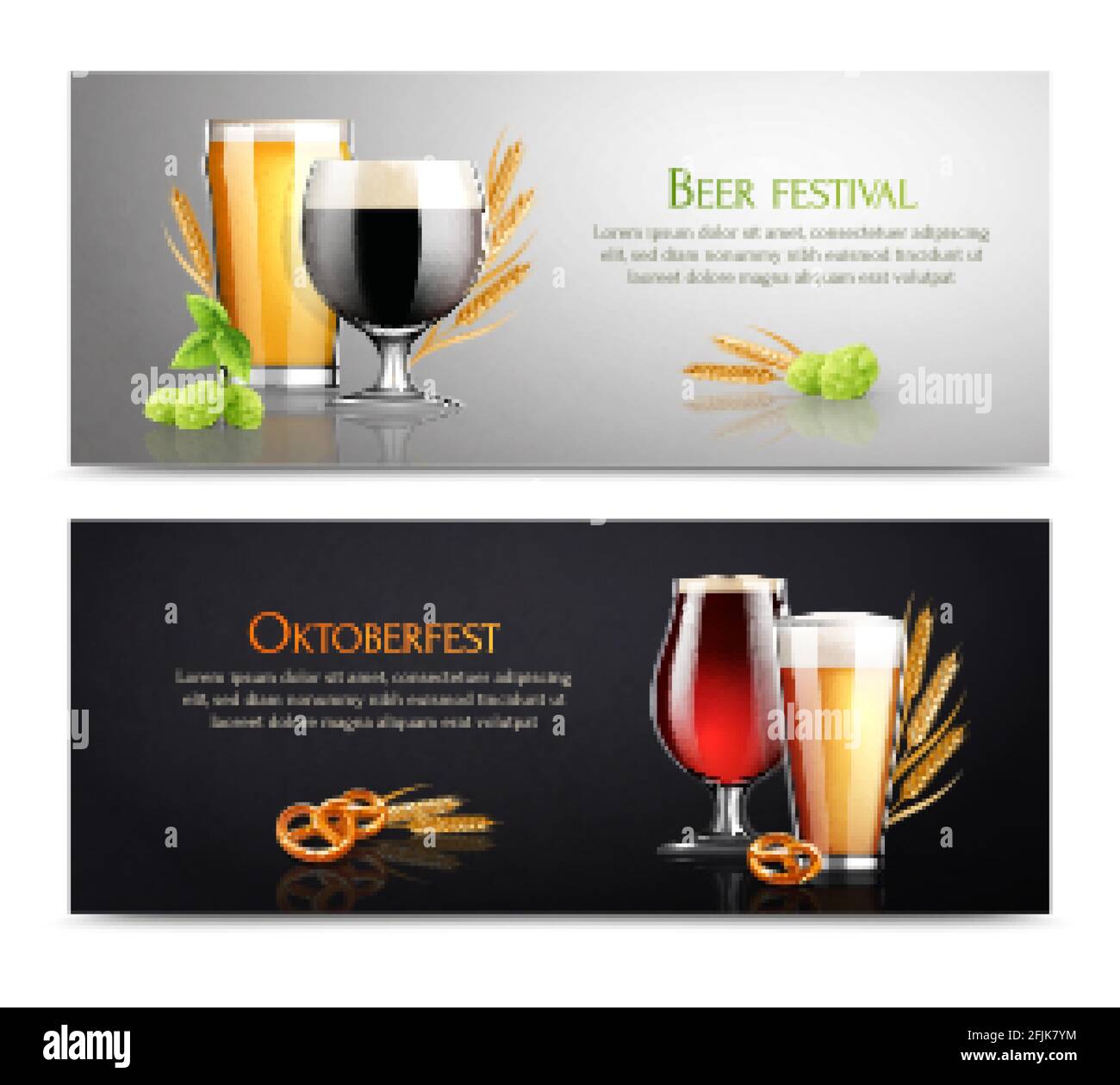 Beer realistic banners with editable text and images of hop plants with ...